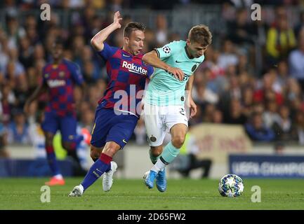Inter Milan's Nicolo Barella, left, celebrates with teammates after ...