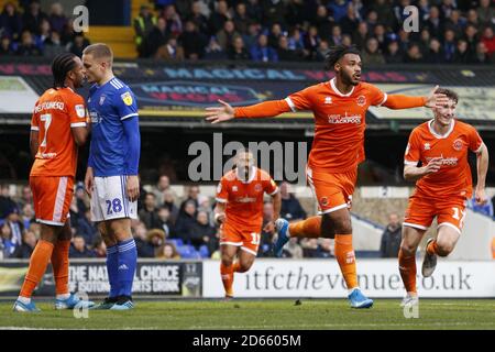 Blackpool's Joe Nuttall celebrates scoring his side's first goal of the ...
