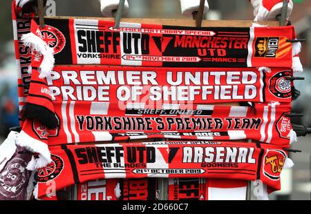 A general view of merchandise being sold outside the stadium before the ...