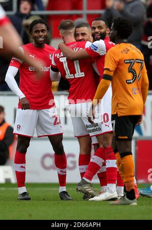 Rotherham United's Kyle Vassell (hidden) celebrates scoring his side's ...