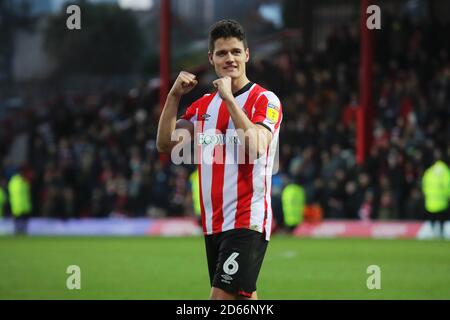 Brentford's Christian Norgaard celebrates after the Premier League ...