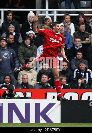 Liverpool's Steven Gerrard celebrates scoring his side's third goal of ...