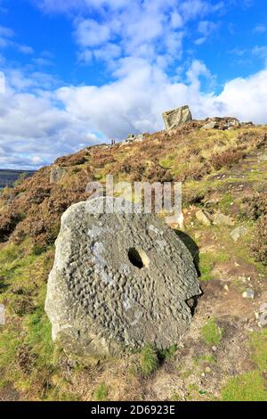 Millstone below Curbar Edge near Calver, Derbyshire, Peak District ...
