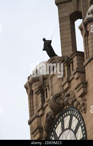 A stuntman secured by a safety wire, stands on top of The Royal Liver ...