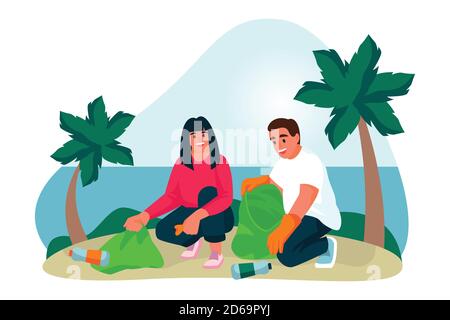 Beach cleaning flat vector illustration. Young people cleaning plastic ...