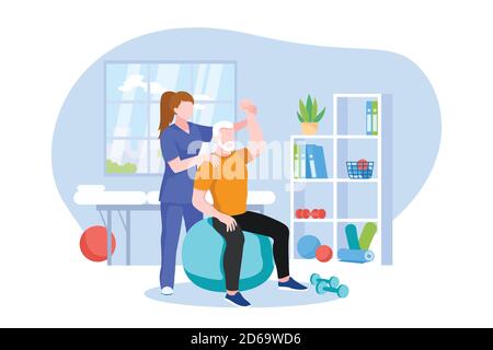 Physiotherapist or rehabilitologist doctor rehabilitates elderly ...