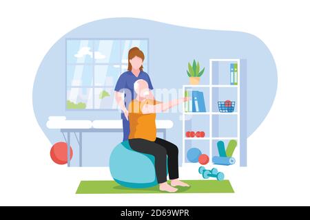 Physiotherapist or rehabilitologist doctor rehabilitates elderly ...