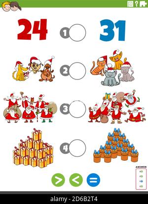 greater or less task with Christmas characters coloring book page Stock ...
