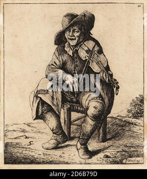 17th century fiddler in cap, coat and boots seated on a chair. The ...