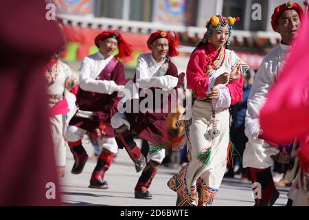 The Zang people are dancing the traditional pot dance in Zaduo,Qinghai ...