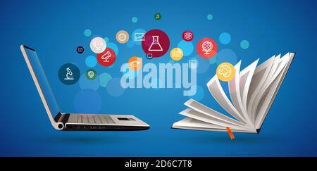 Computer as book knowledge base concept - laptop as elearning idea - stay at home and learn math ...