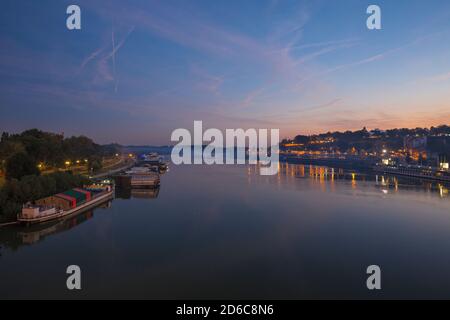 Serbia, Belgrade, View of Splavovi floating bars and nightclubs on Sava ...
