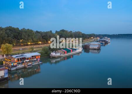 Serbia, Belgrade, View of Splavovi floating bars and nightclubs on Sava ...