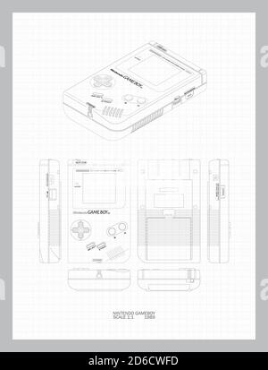 A technical mechanical line drawing in isometric and orthographic ...