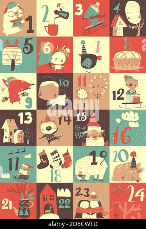 Christmas advent calendar with cute characters. Santa claus, deer ...