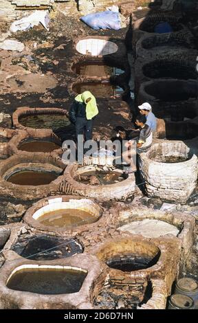 Traditional leather dyeing and tannery pits, Fez, Morocco, N Africa ...