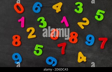 Learning numbers on a blackboard with colorful magnets and handwriting ...