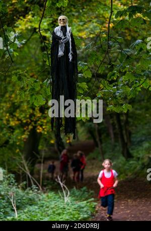 skeleton hanging from tree in garden at night Stock Photo - Alamy