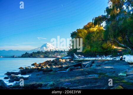 An illustration of Mount Rainier from Ruston, Washington Stock Photo ...