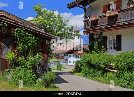 Farmhouses and church, Kirchdorf Wamberg, district of Garmisch ...