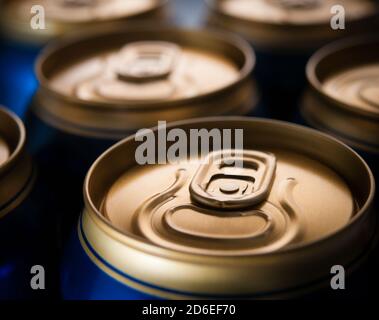 Top part of beer cans, close up view Stock Photo - Alamy