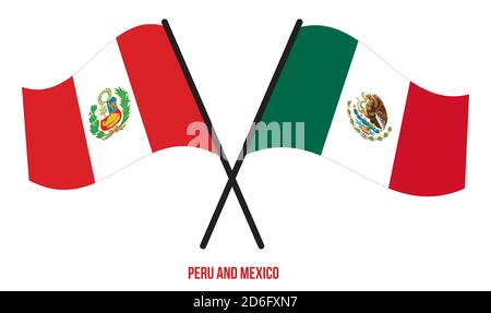 Mexico and Peru flags waving together on blue cloudy sky, two country ...