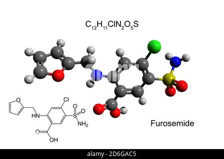 Furosemide. Molecular model of the drug furosemide (C12.H11.Cl.N2.O5.S ...