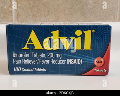 Close-up of Advil brand ibuprofen tablets on a store shelf in Lafayette ...