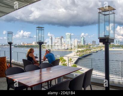 View of city slyline and the new rebuilt St Pete Pier from Pier Teaki ...