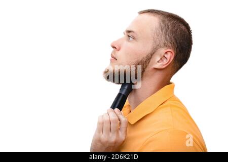 Man showing how to use a laryngophone after vocal cord removal or ...