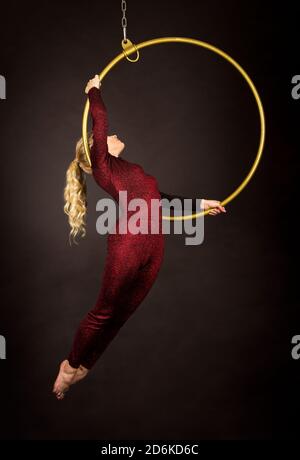 Aerial performer in a gold costume suspended against a vibrant sunset ...