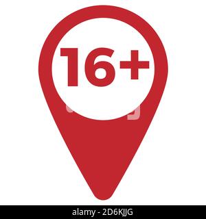 Sixteen plus icon. Number 16 in red circle isolated on white background ...