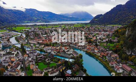 Aerial view over the city of Interlaken in Switzerland Stock Photo - Alamy