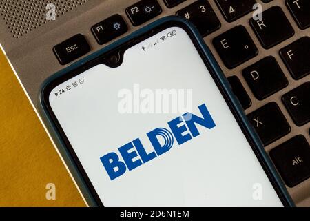 In this photo illustration the Belden Incorporated logo seen displayed ...