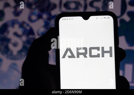 In this photo illustration the Arch Coal logo seen displayed on a ...