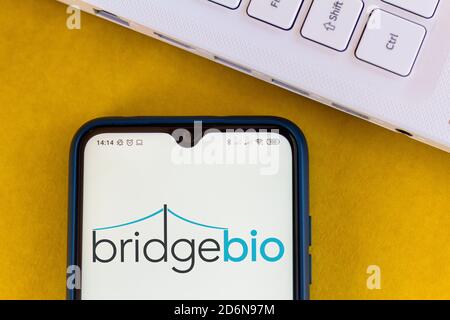 In this photo illustration, the BridgeBio Pharma logo is displayed on a ...