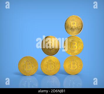 Bitcoin mockup 3D rendering stacking on blue pastel template background ...