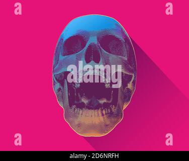 Engraving multi color skull illustration scream on blue and yellow ramp ...