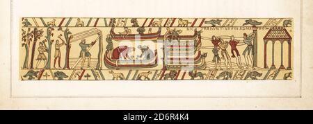 William, Duke of Normandy, orders the construction of ships. Men cut ...