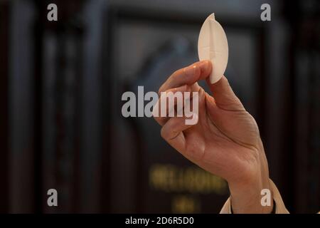 Priest holding host and wine chalice during holy communion while ...
