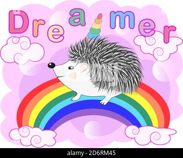 A cute cartoon hedgehog with a unicorn horn on a rainbow. Concept ...