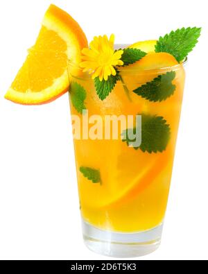 Orange cocktail decorated with flower, isolated on white background ...