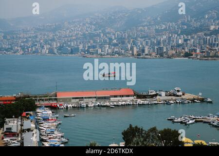 Aerial view of Port of Beirut with Beirut skyline in background at ...