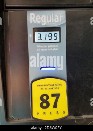 Close-up of octane rating of 87 octane for Regular gasoline on a fuel ...