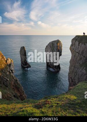 Dramatic limestone sea stacks and cliffs rising from blue ocean waters ...