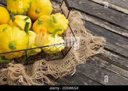 Patisson, Squash, dish-shaped pumpkin, raw vegetable on a dark wooden ...