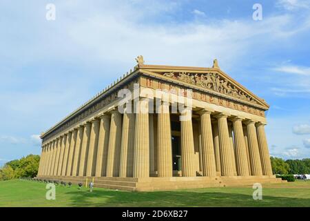 Full scale replica of Athena Parthenos statue holding statue of goddess Nike inside Parthenon in ...