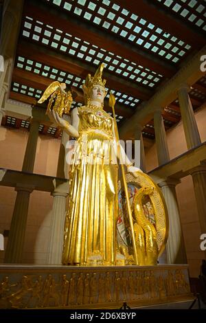 Full scale replica of Athena Parthenos statue holding statue of goddess Nike inside Parthenon in ...