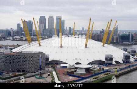 General view of Canary Wharf,Emirates London Thames Cable Cars and 02 ...