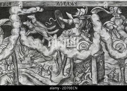 Mars with his sword, in his chariot. Mars was the Roman god of war and ...